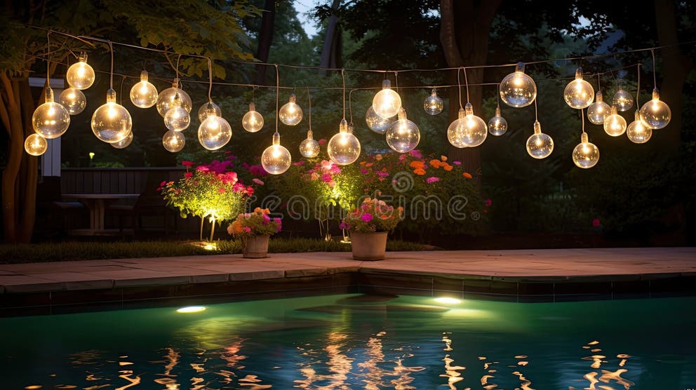 Pool String of Edison Lights Stock Illustration - Illustration of warm ...