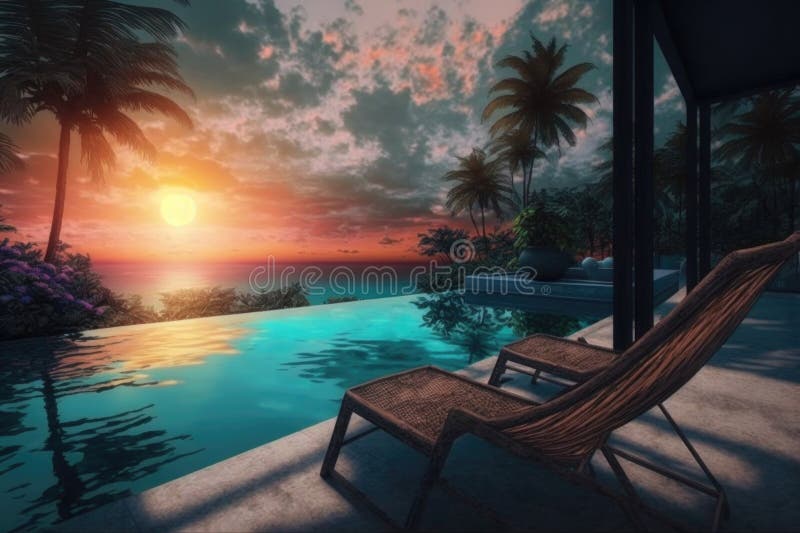 Pool with Sun Lounger and View of the Sunset in Tropical Getaway Stock ...