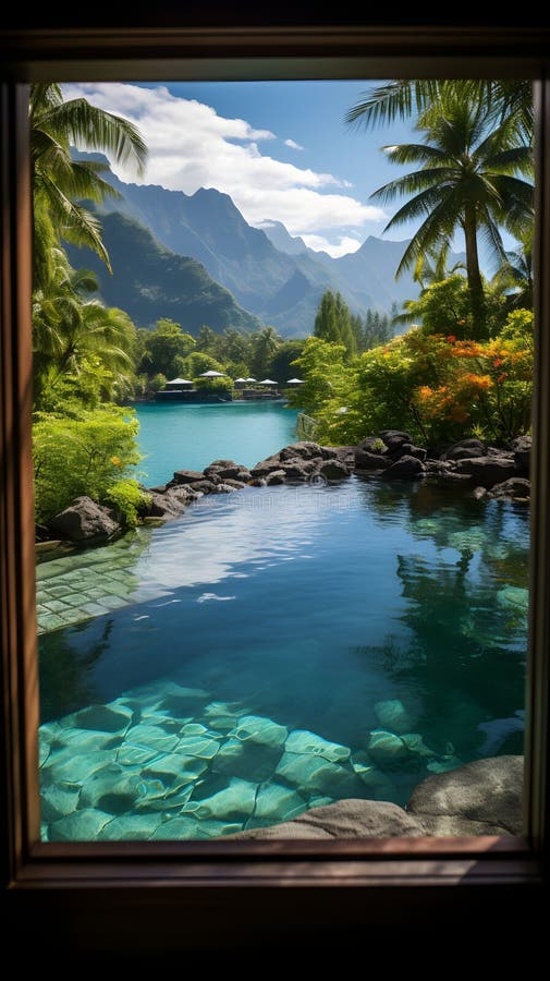 A Pool Surrounded by Palm Trees and Water Window View from Resort ...