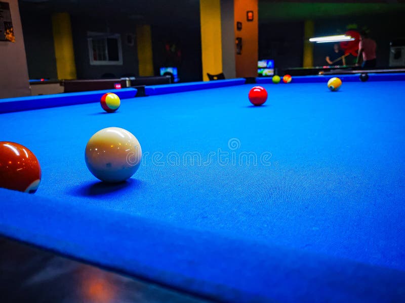 Pool Table with Background of a Club. Blue Table Stock Image - Image of ...