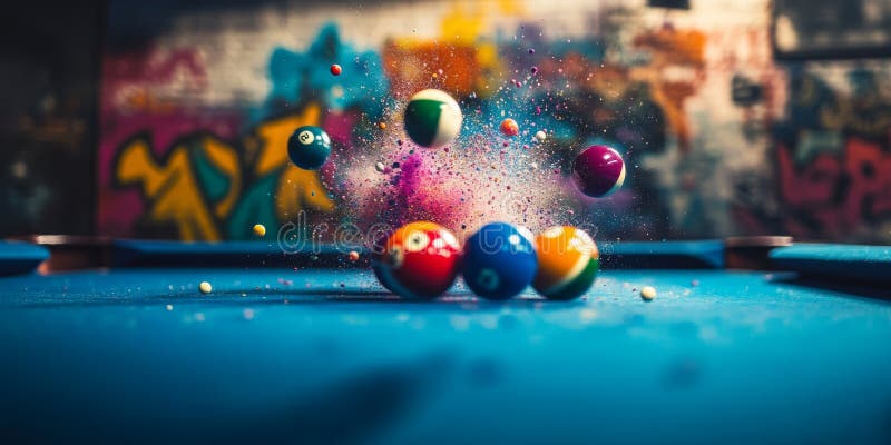 A Pool Table with Balls in the Air and Graffiti in the Background Stock ...