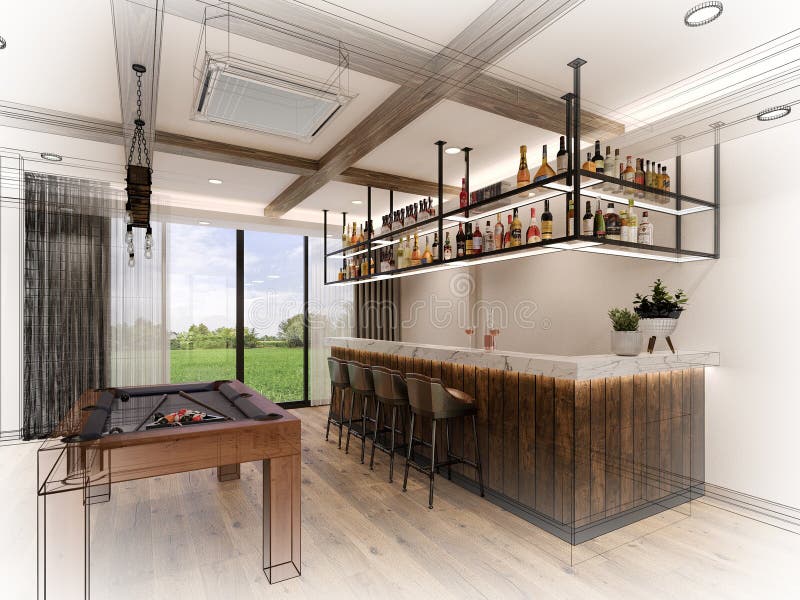 Pool Table with Counter Bar in Relax Room, 3d Rendering Stock ...