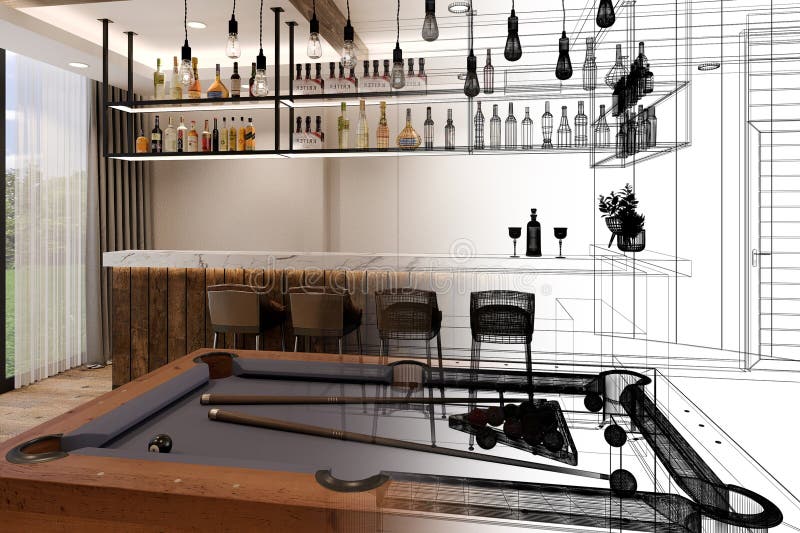 Pool Table with Counter Bar in Relax Room, 3d Rendering Stock ...