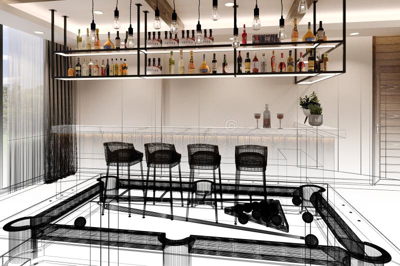 Pool Table with Counter Bar in Relax Room, 3d Rendering Stock ...