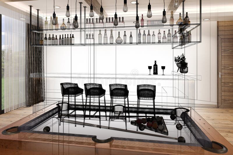 Pool Table with Counter Bar in Relax Room, 3d Rendering Stock ...