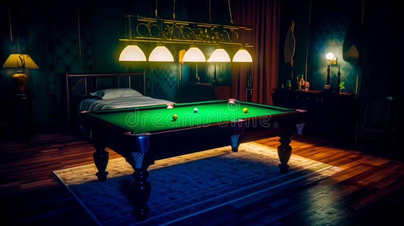 Pool Table in Dark Room with Green Pool Table in the Middle of the Room ...