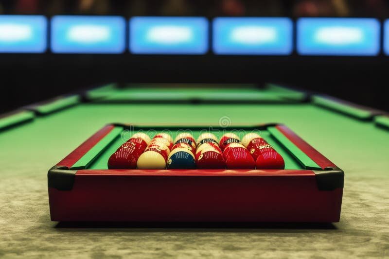 Pool Table with a Full Rack of Balls Set for a Game in a Dimly Lit Bar ...