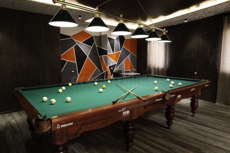 Pool Table, Lights, and an Area Rug. Editorial Image - Image of balls ...