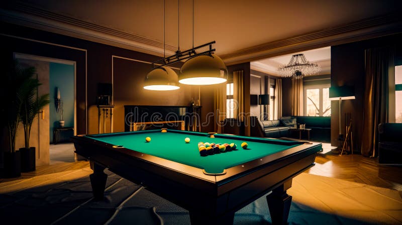 Pool Table in Living Room with Chandelier Hanging from the Ceiling ...