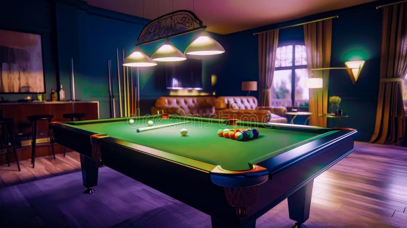 Pool Table in Living Room with Pool Table and Pool Cues. Generative AI ...