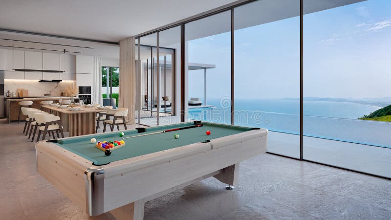 Pool Table in Luxury Beach House with Swimming Pool and Sea View Stock ...