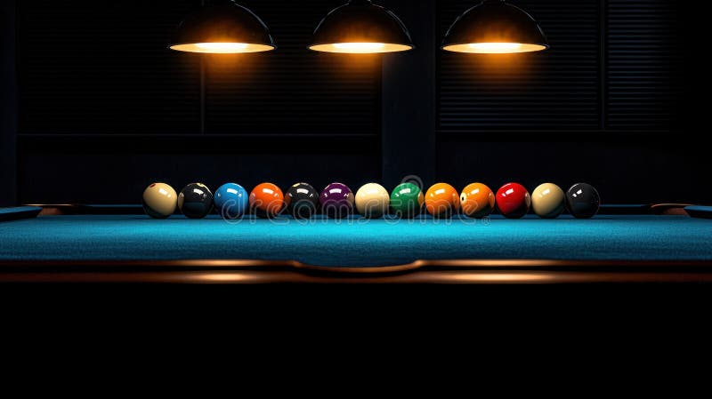 A Pool Table with a Rack of Billiard Balls Ready To Play in a Dimly Lit ...