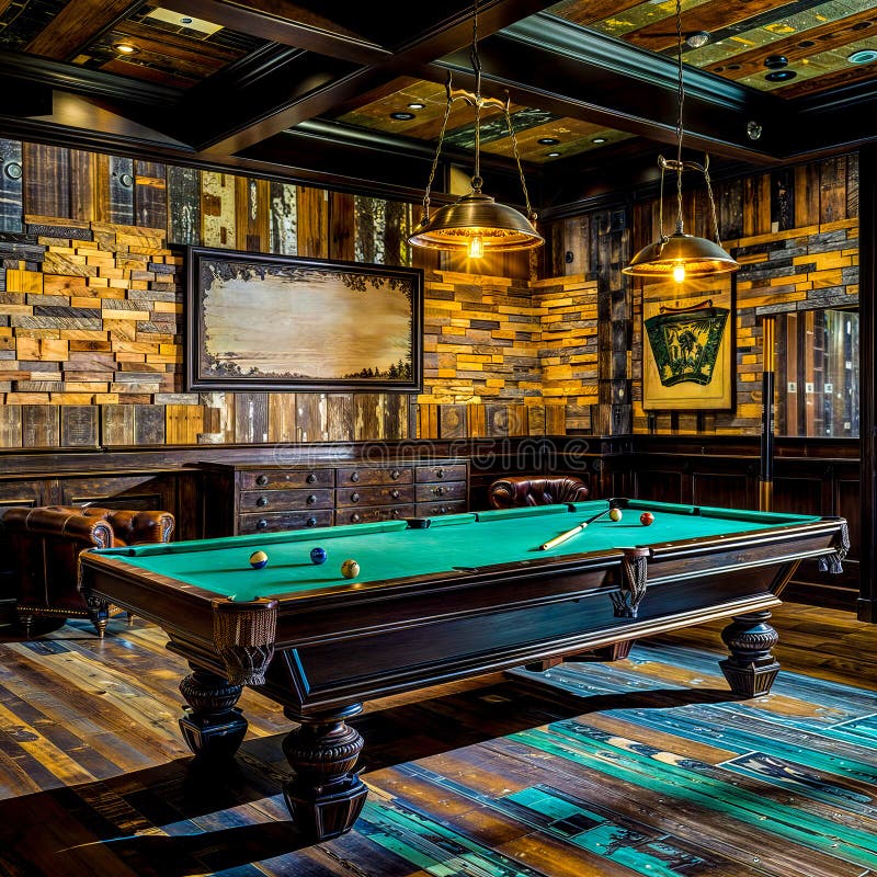 Pool Table in Room with Wooden Paneling and Painting on the Wall. AI ...