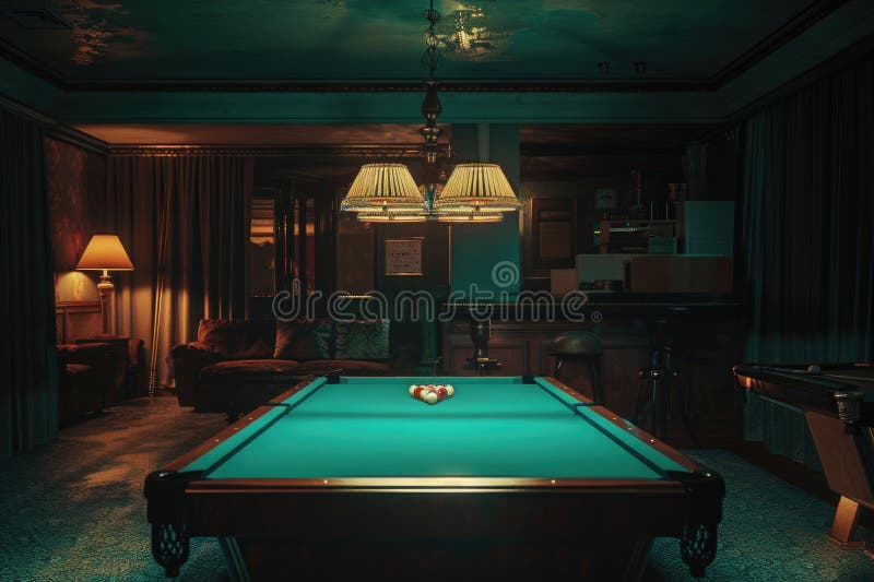 A Pool Table Set Up in a Dimly Lit Room, Ready for Game Night Stock ...