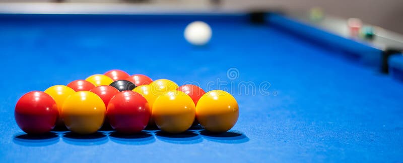 Pool Table Set Up with Yellow and Red Snooker Balls Stock Photo - Image ...