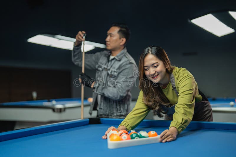 Female Pool Player Guided by the Male Pool Player Stock Photo - Image ...