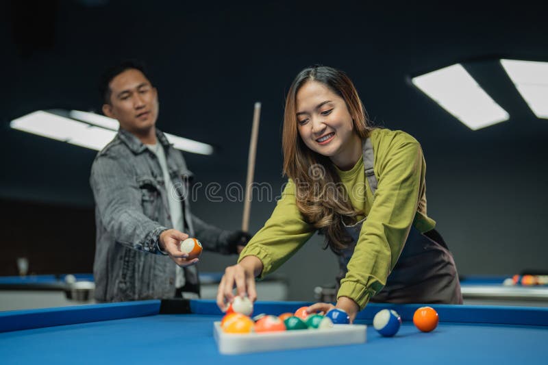 Pool Table Worker Helps Player Arranging the Balls with Triangle Rack ...