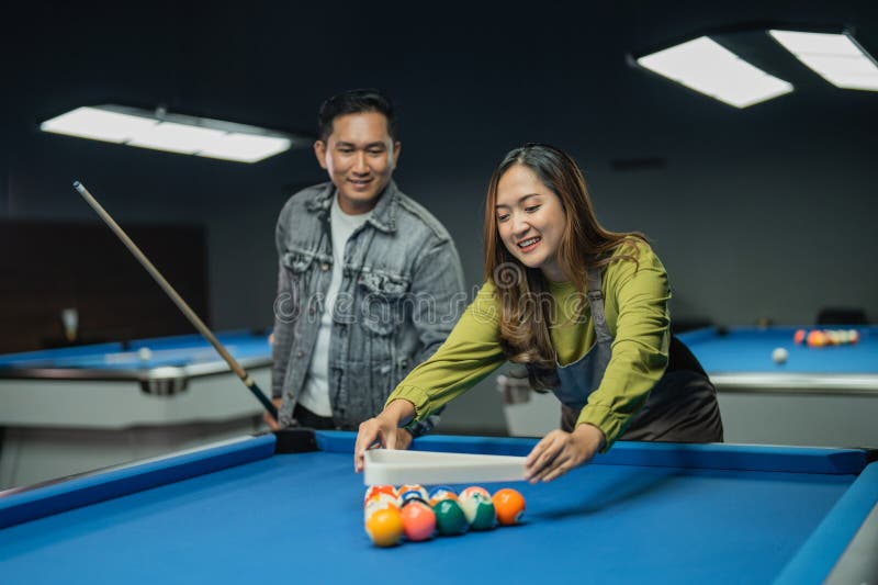 Pool Table Worker Helps Player Arranging the Balls with Triangle Rack ...