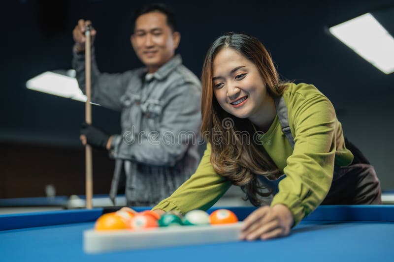 Pool Table Worker Helps Player Arranging the Balls with Triangle Rack ...