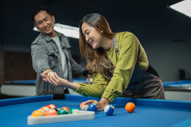 Pool Table Worker Helps Player Arranging the Balls with Triangle Rack ...