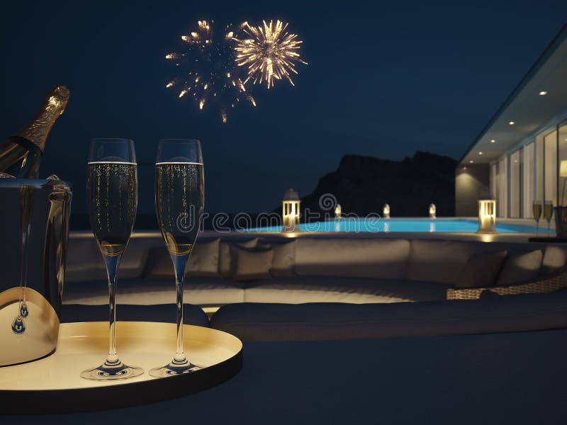3d Rendering of Pool Villa with Fireworks and Champagne. New Years Eve ...