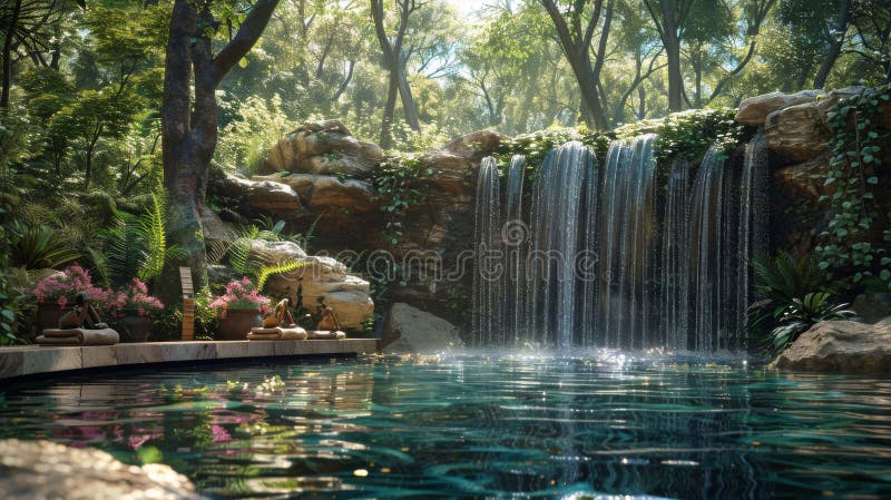 Pool with a Waterfall in the Center Stock Photo - Image of waterfall ...