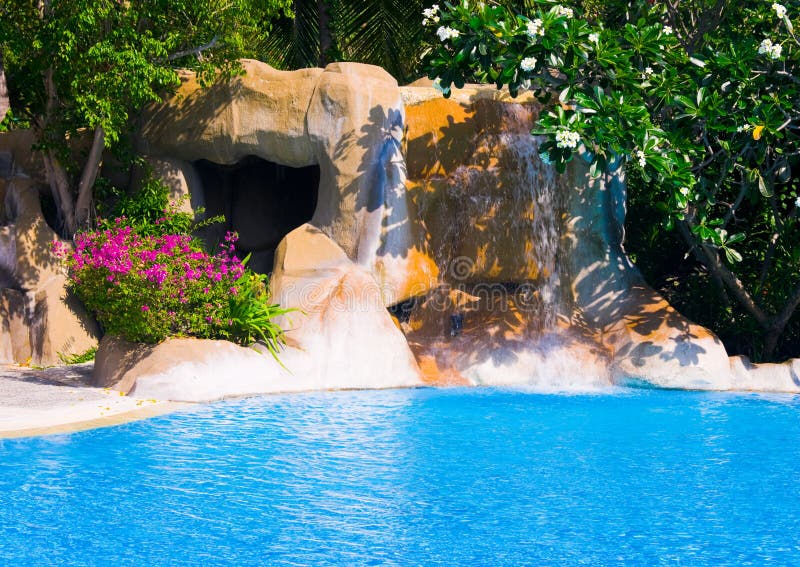 Swimming Pool with Waterfall Stock Image - Image of renovation, clear ...