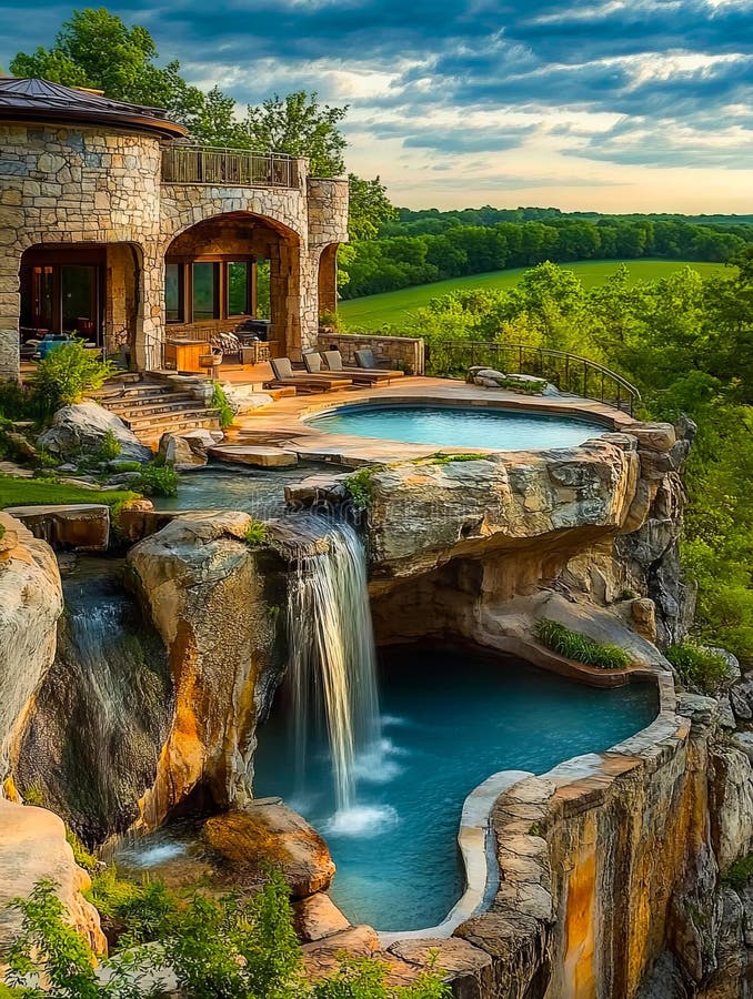 A Pool with a Waterfall in the Middle of a Rocky Area Stock Photo ...