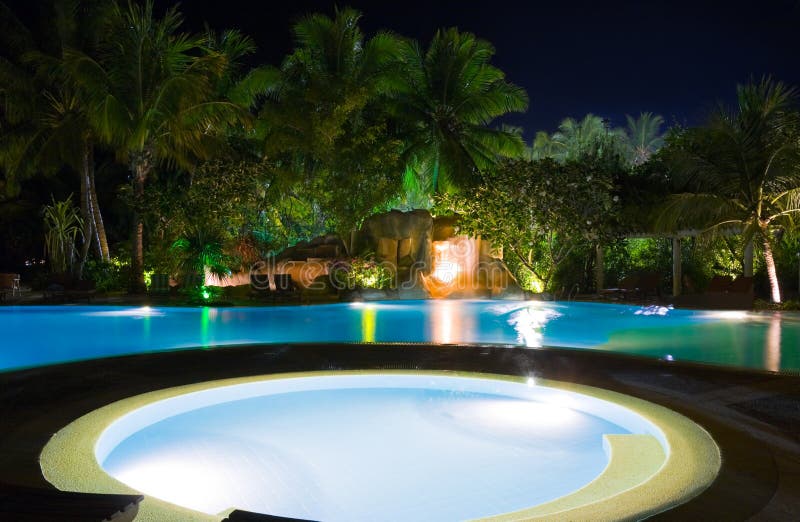 Young Woman Swimming. Beautiful Night Pool Stock Photo - Image of ...