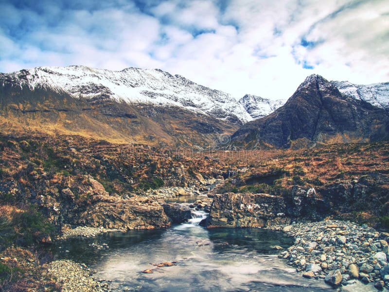 Pools and Waterfalls within Cloudy Day in Scotland. Cold Water Stock ...