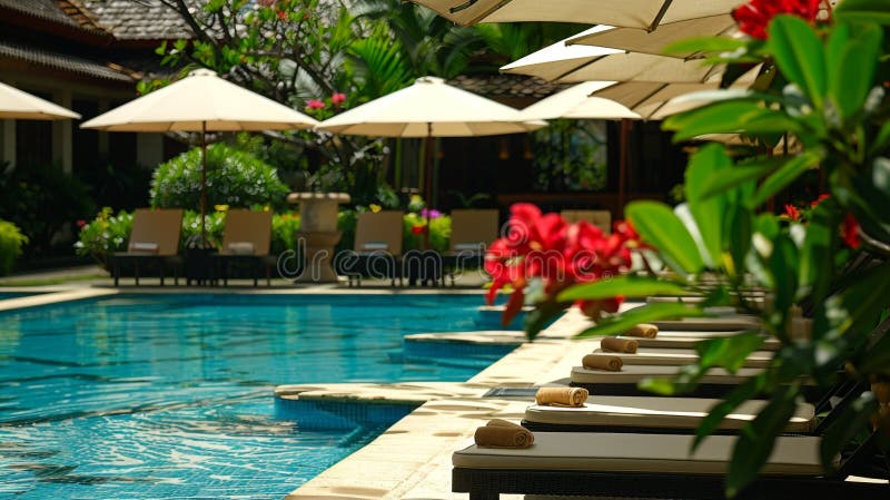 Poolside Area Featuring Loungers and Umbrellas with Tropical Flowers ...