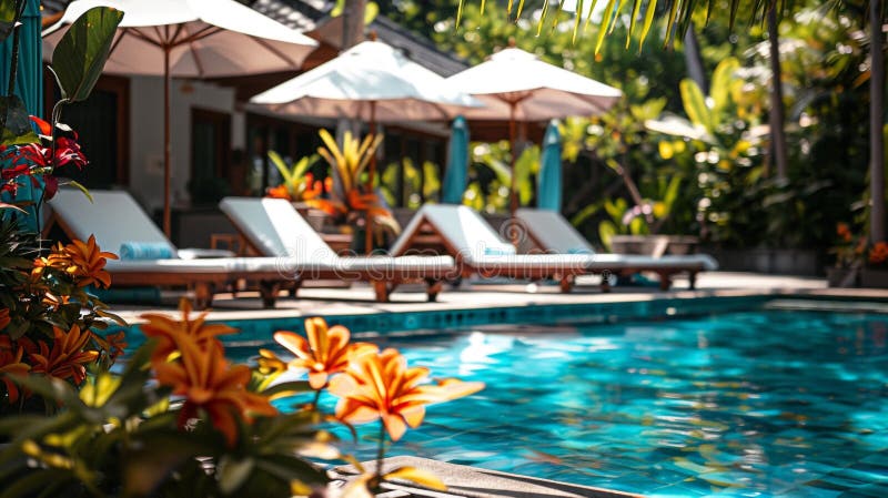 Poolside Area Featuring Loungers and Umbrellas with Tropical Flowers ...
