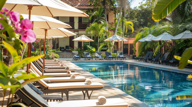 Poolside Area Featuring Loungers and Umbrellas with Tropical Flowers ...