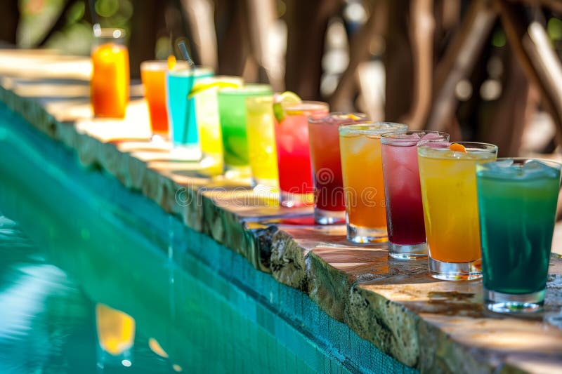 Poolside Bar with Array of Colorful Cocktails Stock Photo - Image of ...