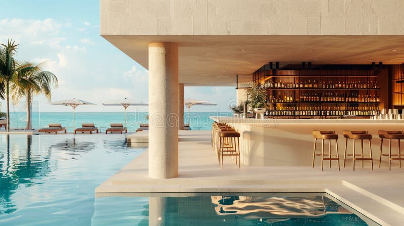 Poolside Bar Serving Cocktails with Ocean View Stock Illustration ...