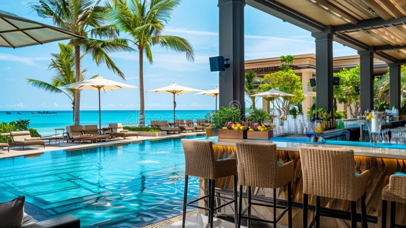 Poolside Bar Serving Drinks with Elegant Seating by the Ocean Stock ...