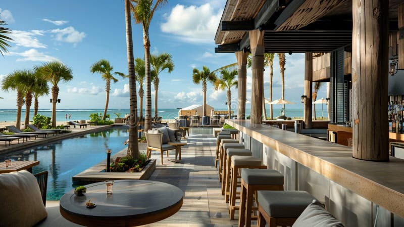 Poolside Bar Serving Drinks with Elegant Seating and Ocean Breeze Stock ...