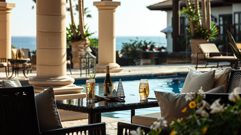 Poolside Bar Serving Drinks with Ocean View Stock Illustration ...