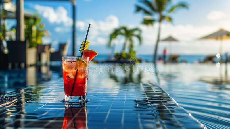 Poolside Bar Serving Refreshing Drinks with Elegant Seating and Ocean ...