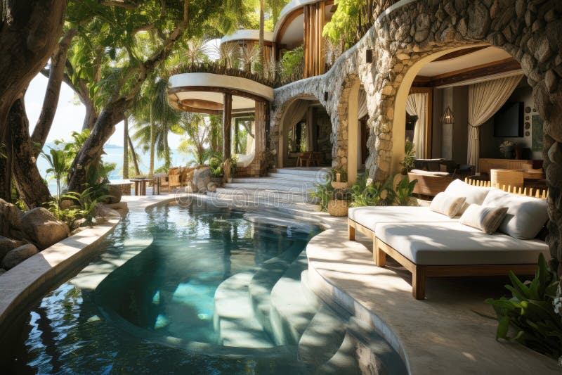 Poolside Comfort with Palm Trees Stock Illustration - Illustration of ...