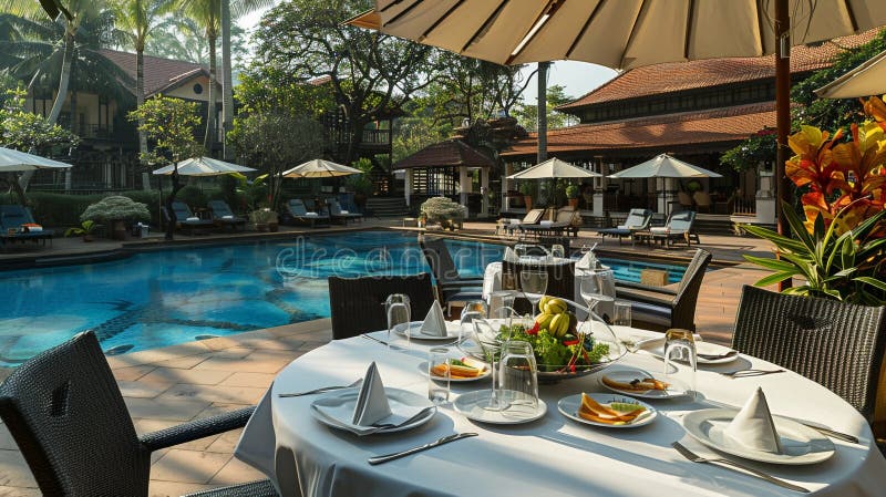 Poolside Dining Area Featuring Gourmet Food at Sunset Stock ...
