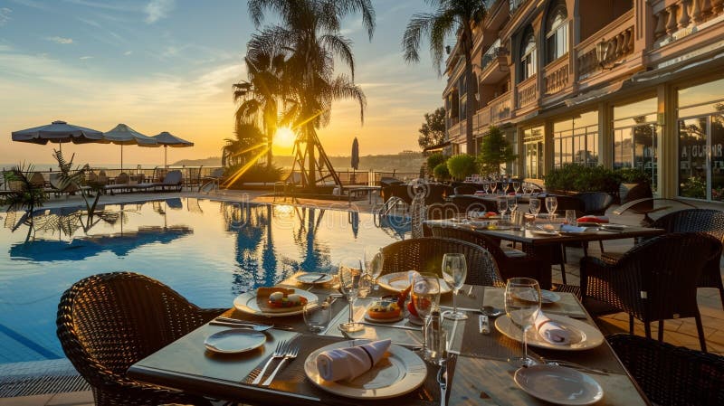 Poolside Dining Area Showcases Gourmet Food with Sunset View Stock ...