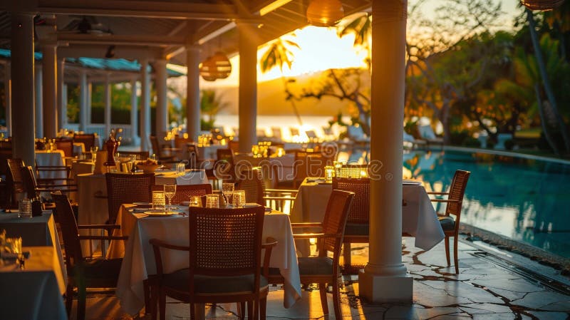 Poolside Dining Area Showcasing Gourmet Food during Sunset Stock ...