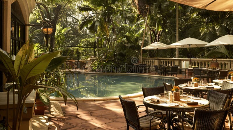 Poolside Dining Features Gourmet Food with Sunset View Stock ...