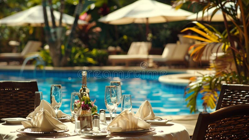 Poolside Dining Features Gourmet Food with a Sunset View Stock ...