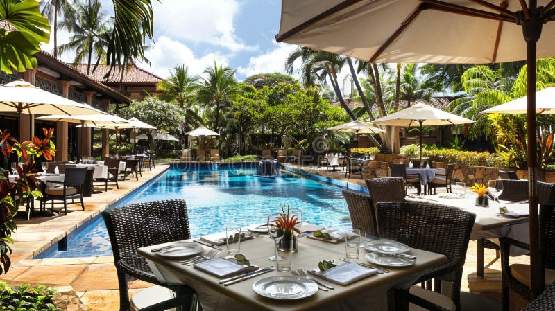 Poolside Dining Showcases Gourmet Food with Sunset View Stock ...