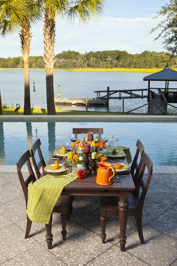 Poolside dinner stock photo. Image of space, outside - 27424512