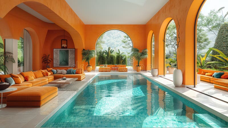 Poolside-inspired Living Space. Bright Colors, Clean Lines Stock ...