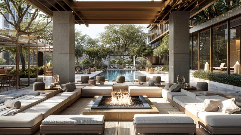 Poolside Lounge Features Elegant Furniture and Fire Pits with Garden ...