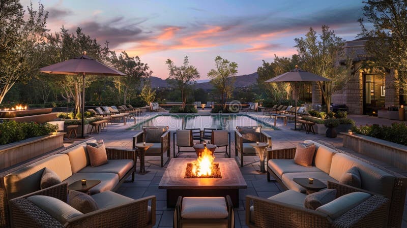 Poolside Lounge Features Elegant Furniture and Fire Pits with Garden ...